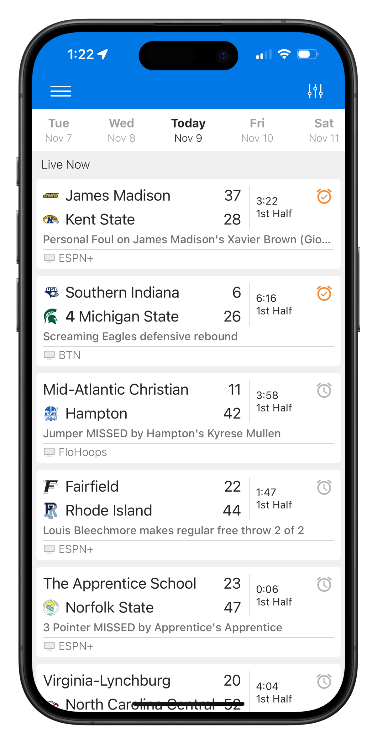 College basketball scores live store