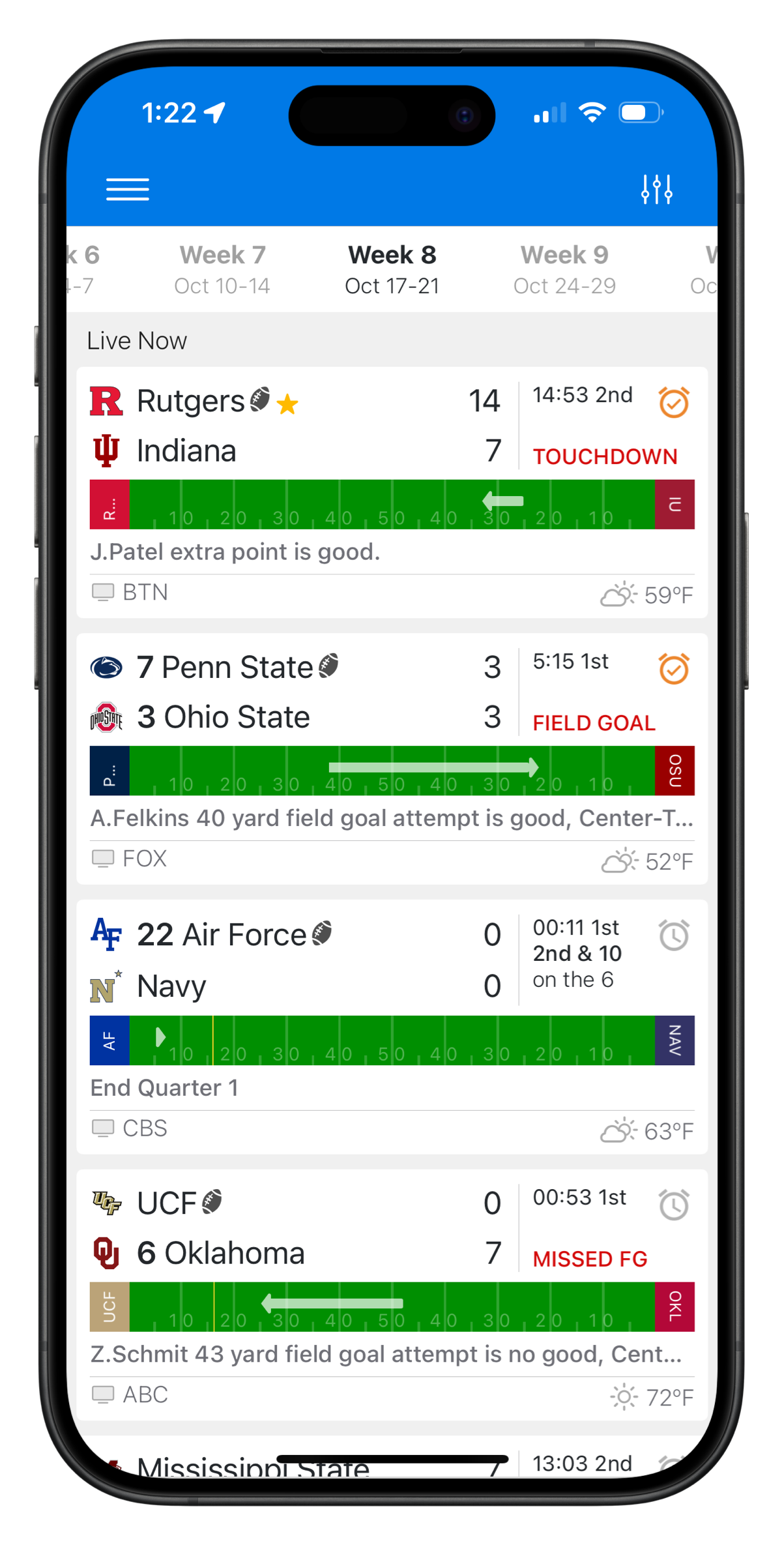 Live ncaa football scores store